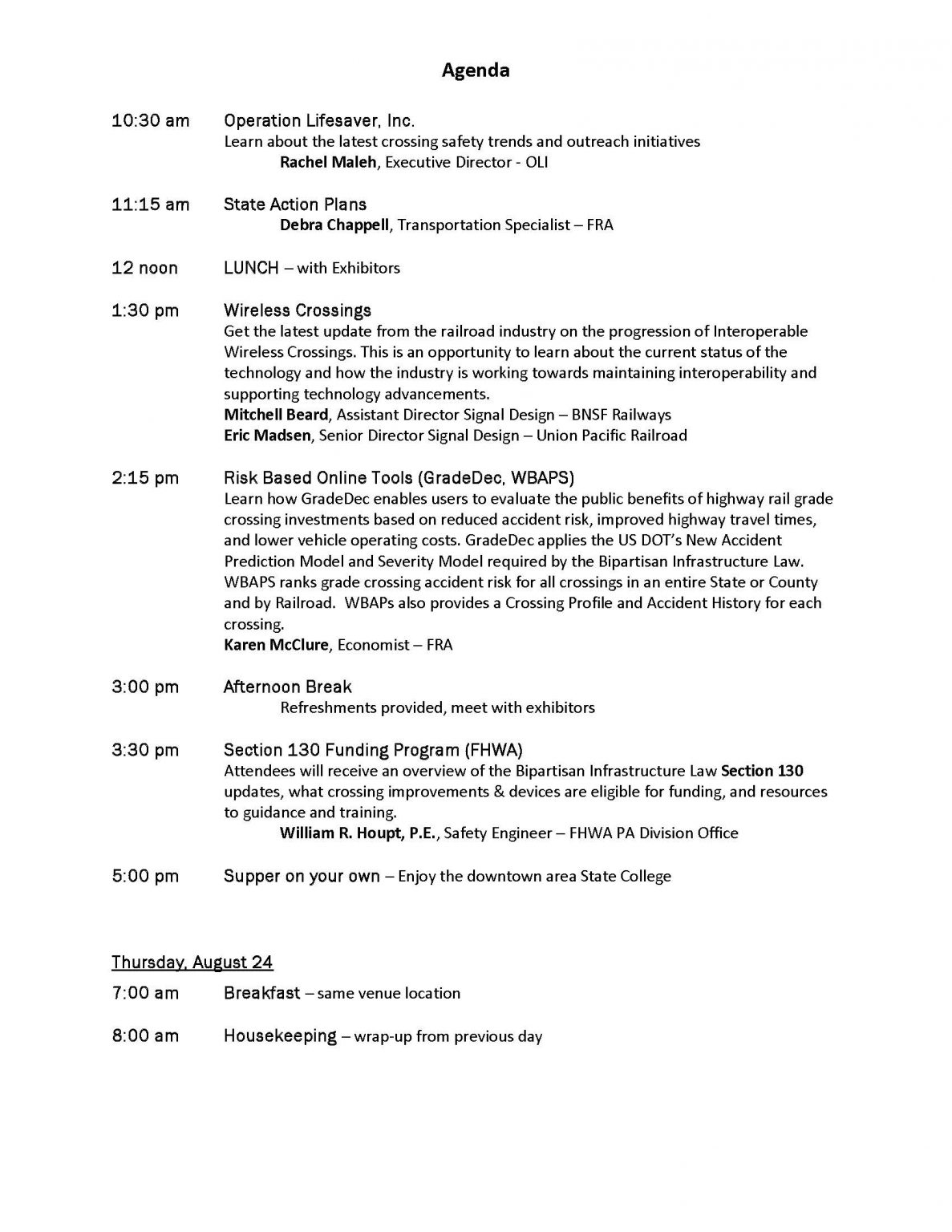 Agenda – Eastern Crossing Seminar